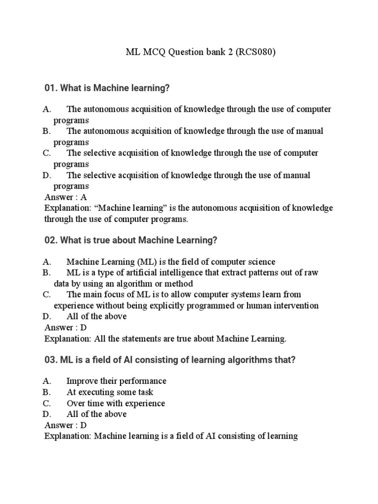 ML MCQ Question Bank | PDF | Machine Learning | Artificial Intelligence ML MCQ Question Bank | PDF | Machine Learning | Artificial Intelligence