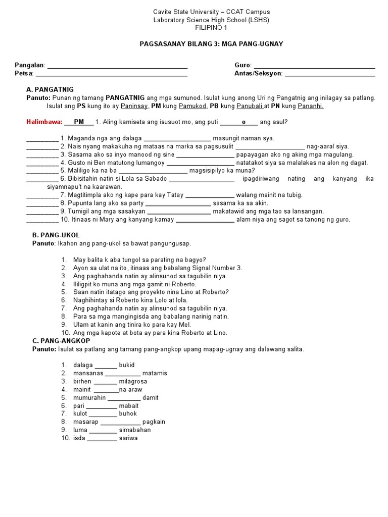 Pagsasanay 3 - Mga Pang-Ugnay | PDF