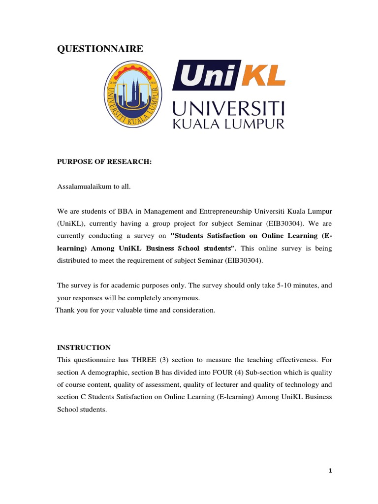Questionnaire Students Satisfaction On Online Learning Pdf