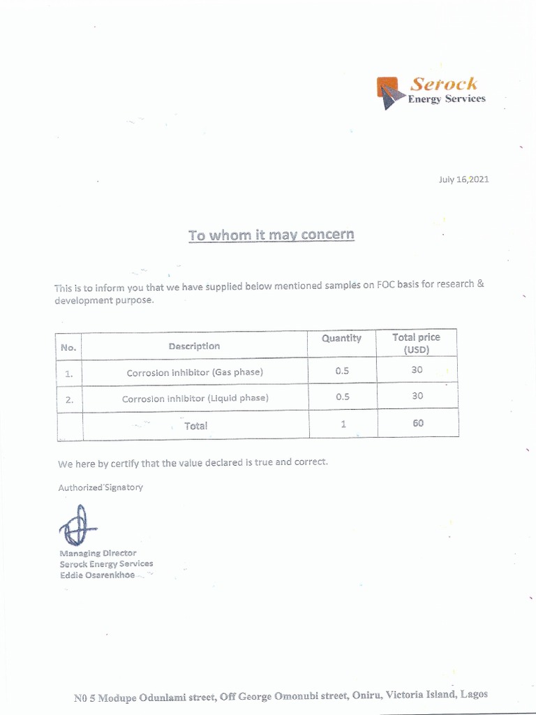Value Confirmation Letter - Lab 1 | PDF