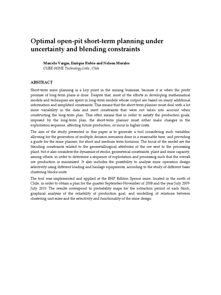 Optimal Open Pit Short Term Planning Under Uncertainty and Blending Constraints | PDF | Mining ...