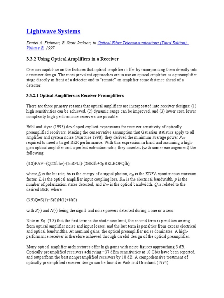 Lightwave Systems: 3.3.2 Using Optical Amplifiers in A Receiver | PDF ...