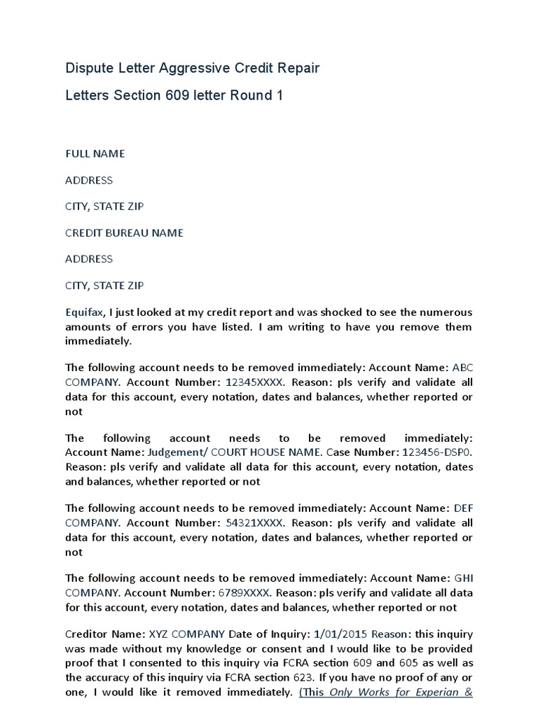 Dispute Letter Aggressive Credit Repair Letters Section 609 Letter ...