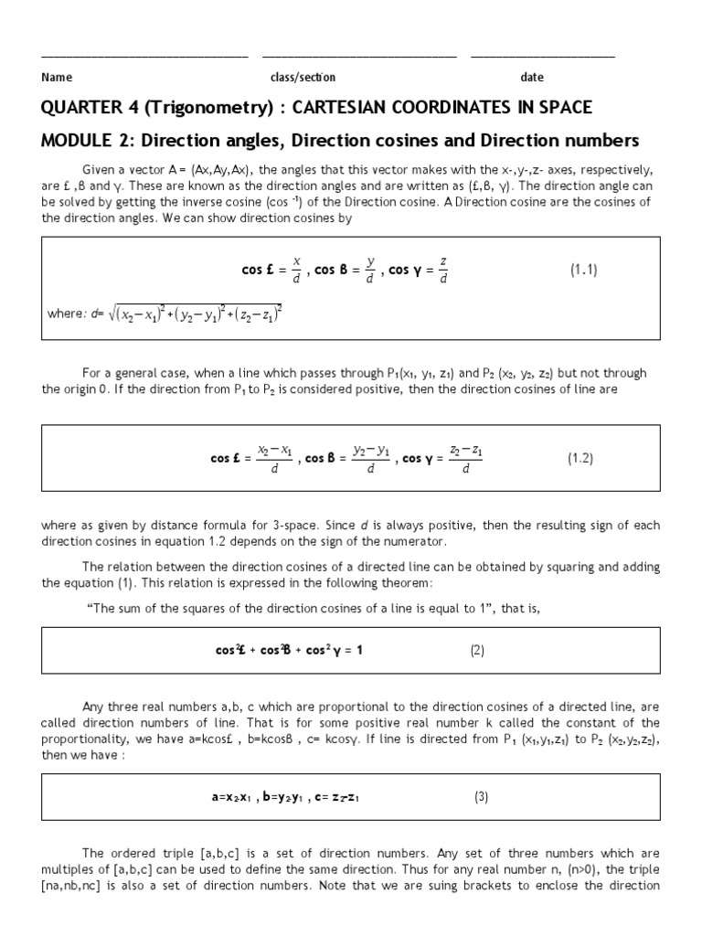 Quarter 4 (Trigonometry) : Cartesian Coordinates in Space MODULE 2 ...