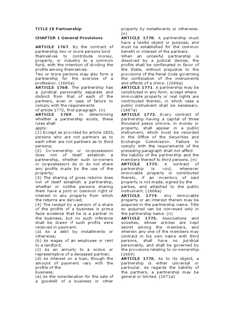 Partnership Under The Civil Code of The Philippines Codal Provisions ... Partnership Under The Civil Code of The Philippines Codal Provisions ...