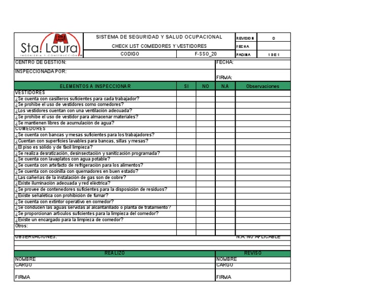 F-SSO - 020 - Check List Comedores y Vestidores | PDF