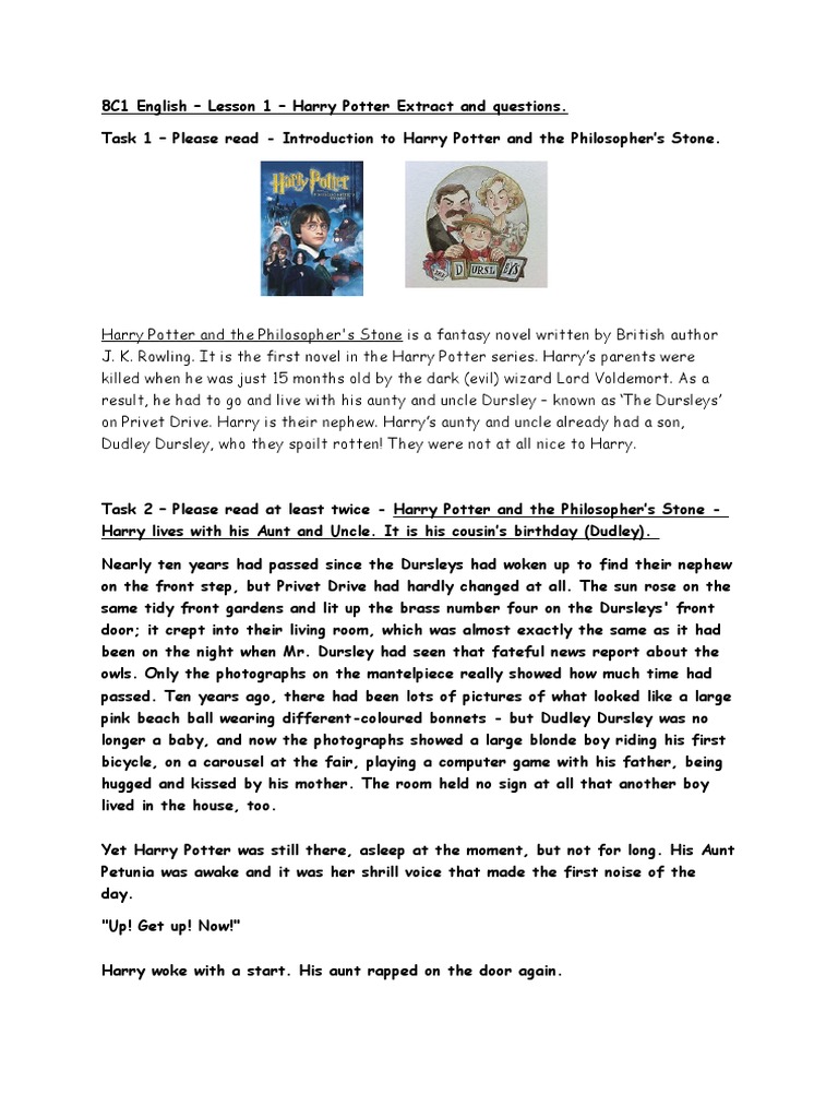8C1 English Lesson 1 Harry Potter Extract and Questions | PDF | Harry ...