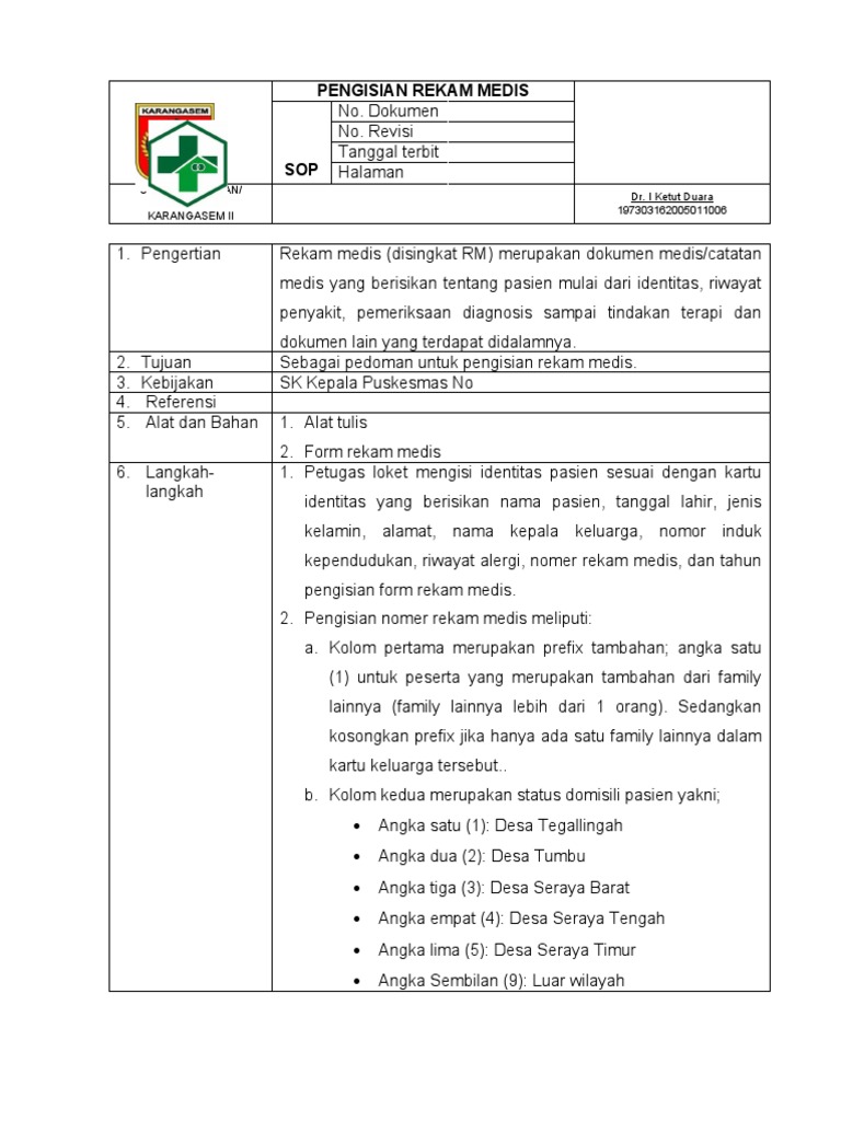 SOP Pengisian Rekam Medis | PDF