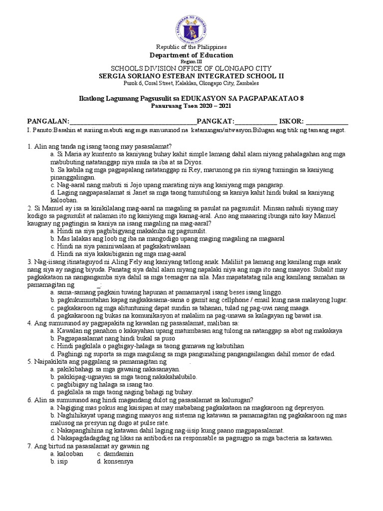 EsP 8 3rd Quarter Summative Test NEW | PDF