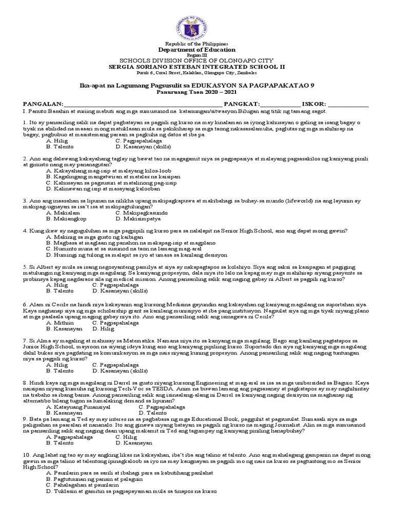 EsP 9 4th Quarter Summative Test (NEW) | PDF