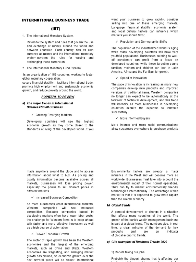 International Business Trade (IBT) : Pointers To Review A) The Major ...