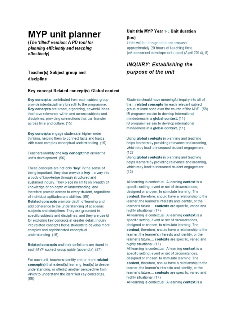 MYP Unit Planner: INQUIRY: Establishing The Purpose of The Unit | PDF ...