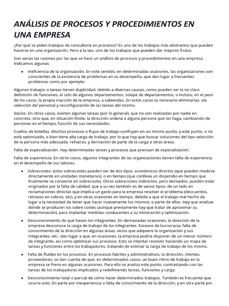 Análisis De Procesos Y Procedimientos En Una Empresa Pdf Procesos