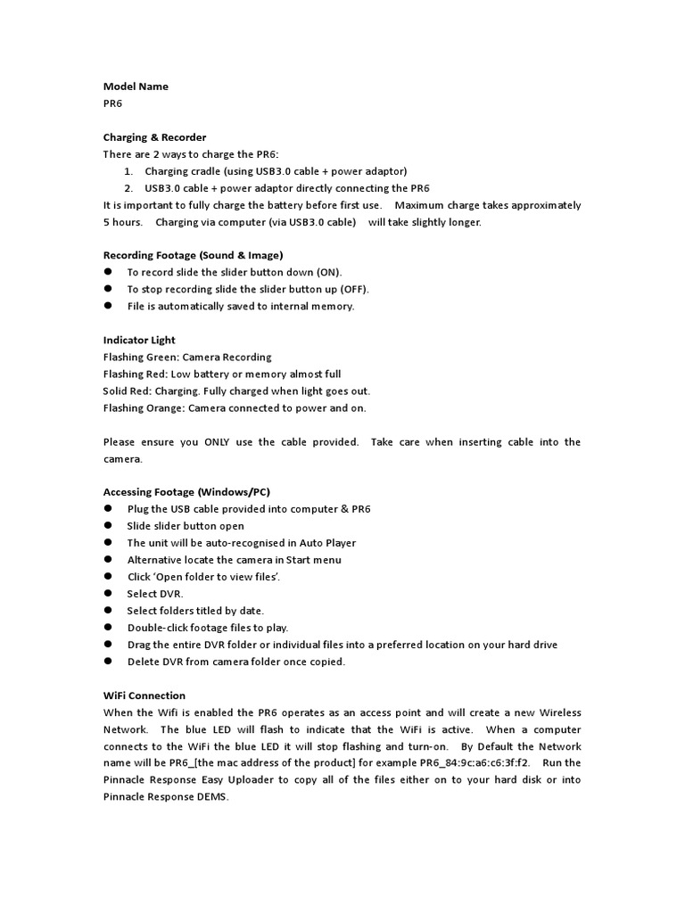 Operation and User Manual for the PR6 Body Camera: Instructions for ...