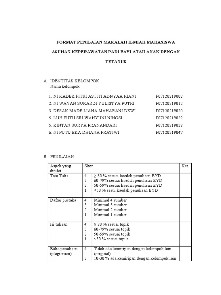 Form Penilaian Askep Tetanus Pada Anak | PDF
