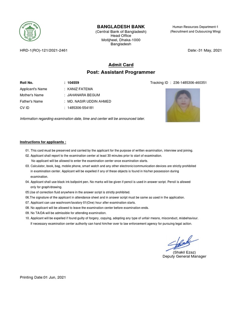 Assistant Programmer Admit Card | PDF