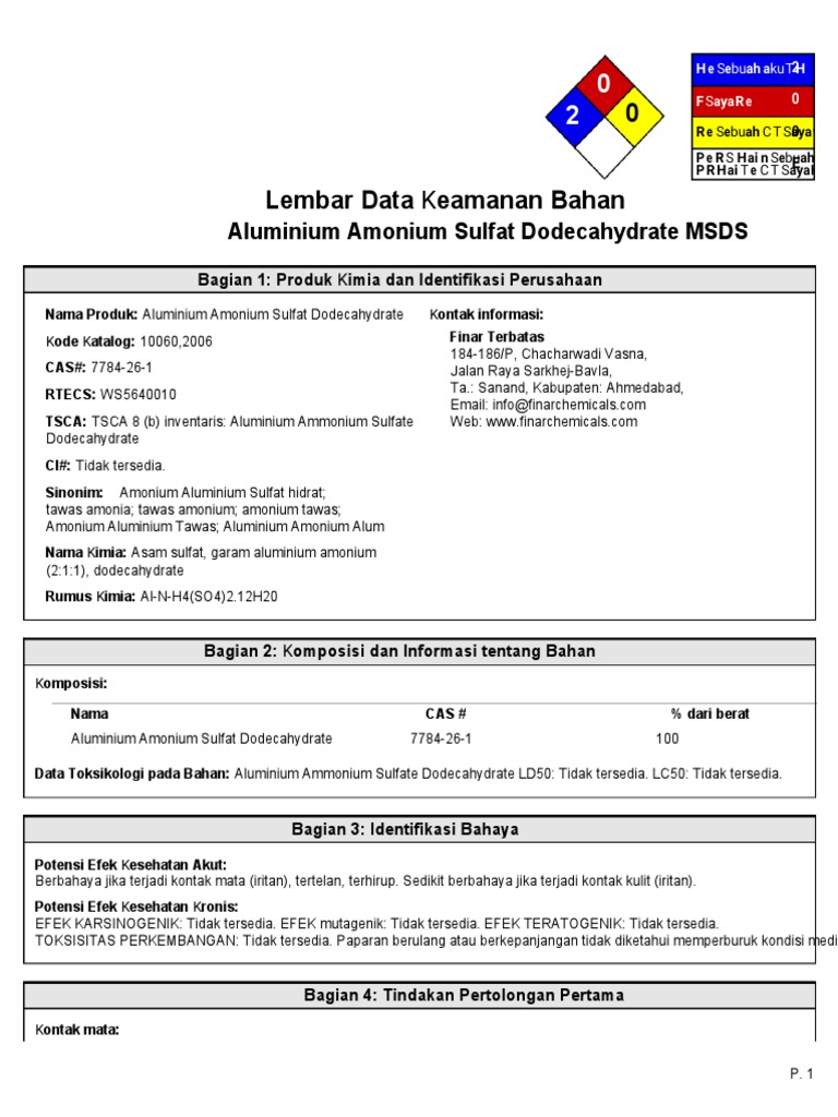 MSDS Aluminium Amonium Sulfat Dodecahydrate | PDF
