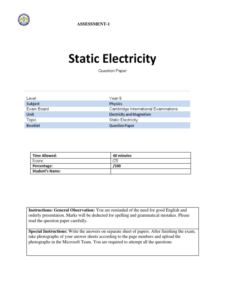 QP YEAR - 9 Physics Assessment-1 Statics Electricity Revised | PDF ...