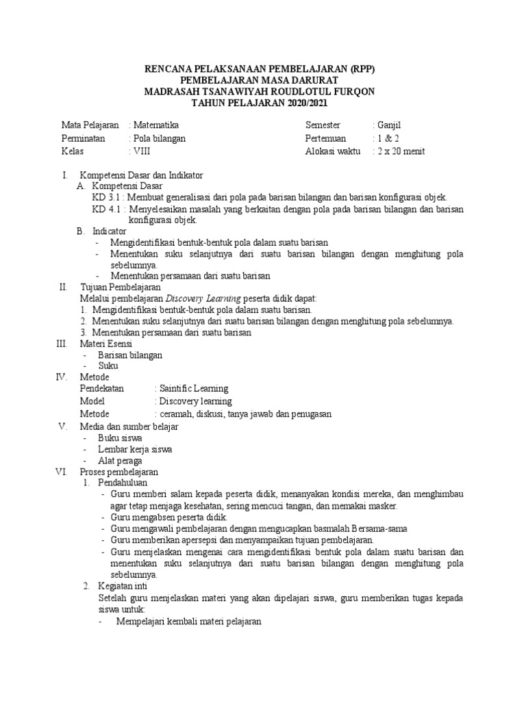 RPP Pola Bilangan | PDF