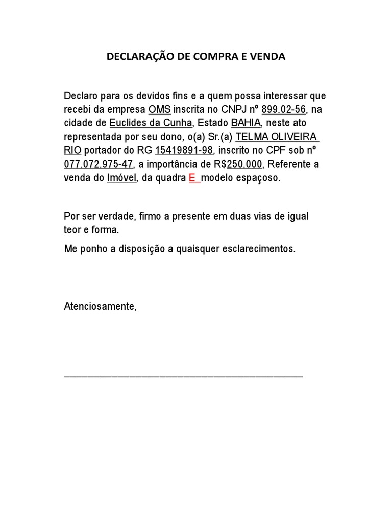 Declaração de Compra e Venda | PDF