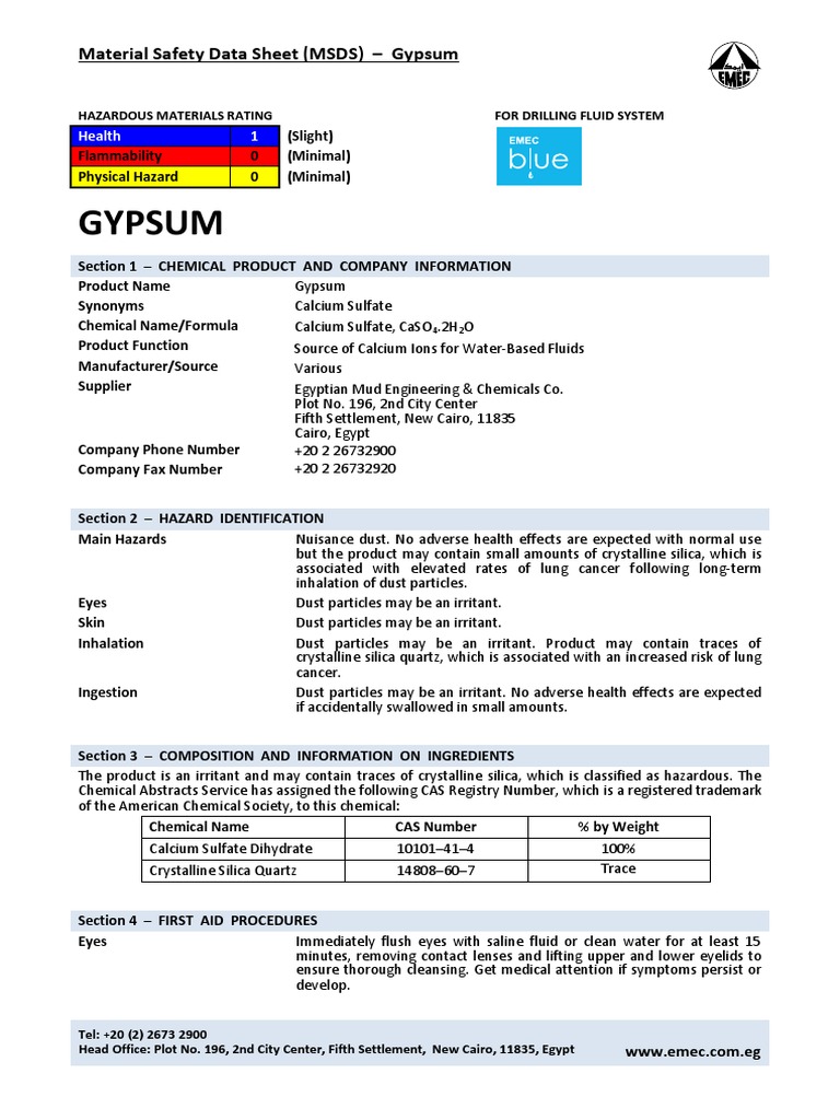 Gypsum MSDS | PDF | Dangerous Goods | Personal Protective Equipment