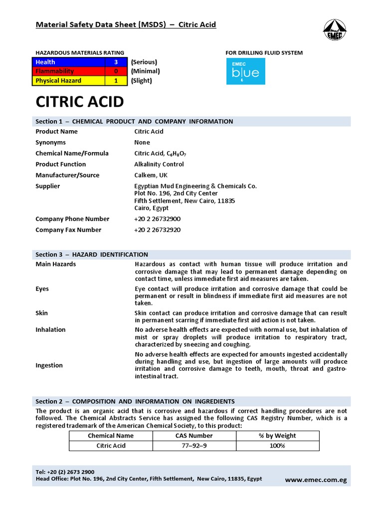 Material Safety Data Sheet (MSDS) - Citric Acid | PDF | Dangerous Goods ...
