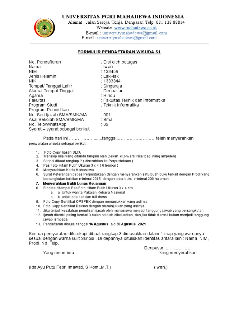 Formulir Pendaftaran Wisuda S1 | PDF