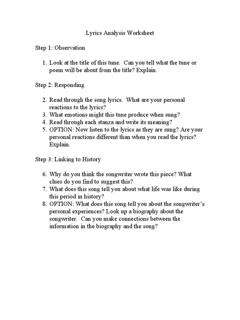 Lyrics Analysis Worksheet | PDF