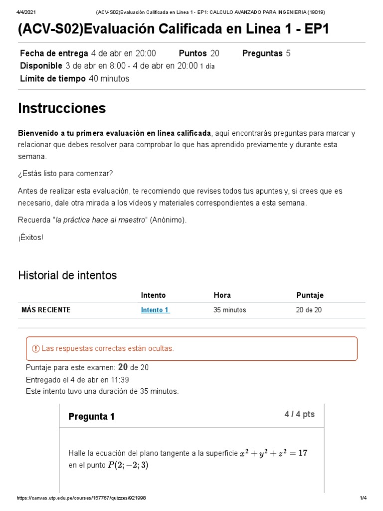 (ACV-S02) Evaluación Calificada en Linea 1 - EP1 - CALCULO AVANZADO PARA INGENIERIA (19019 ...