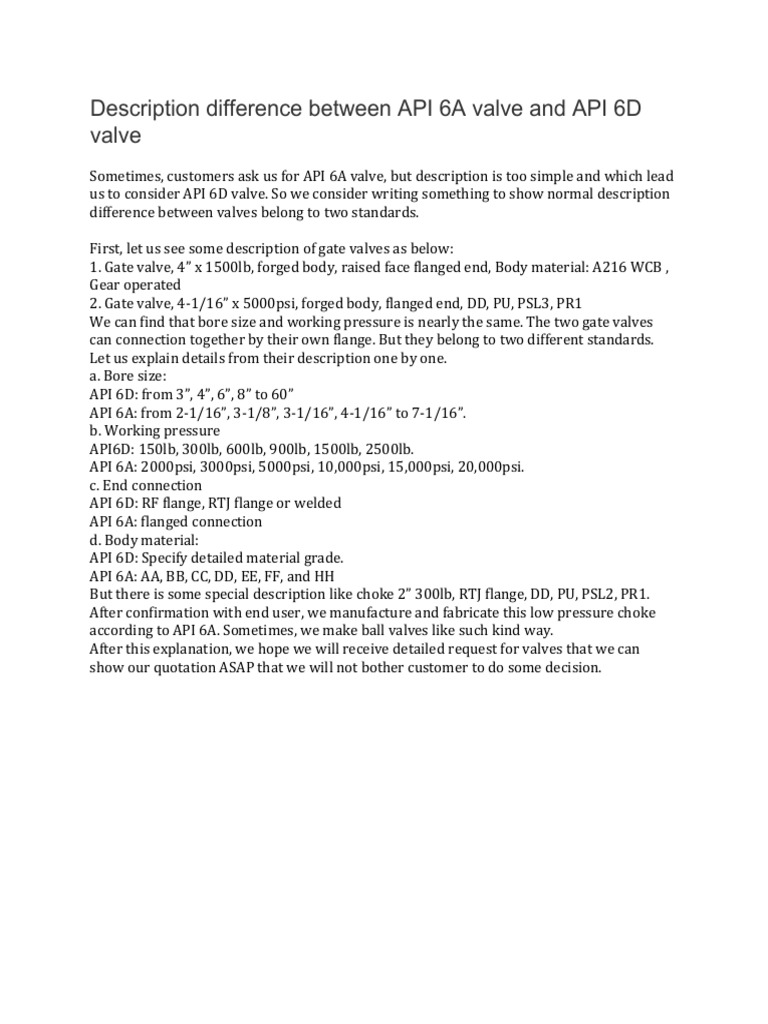 Description Difference Between API 6A Valve and API 6D Valve | PDF