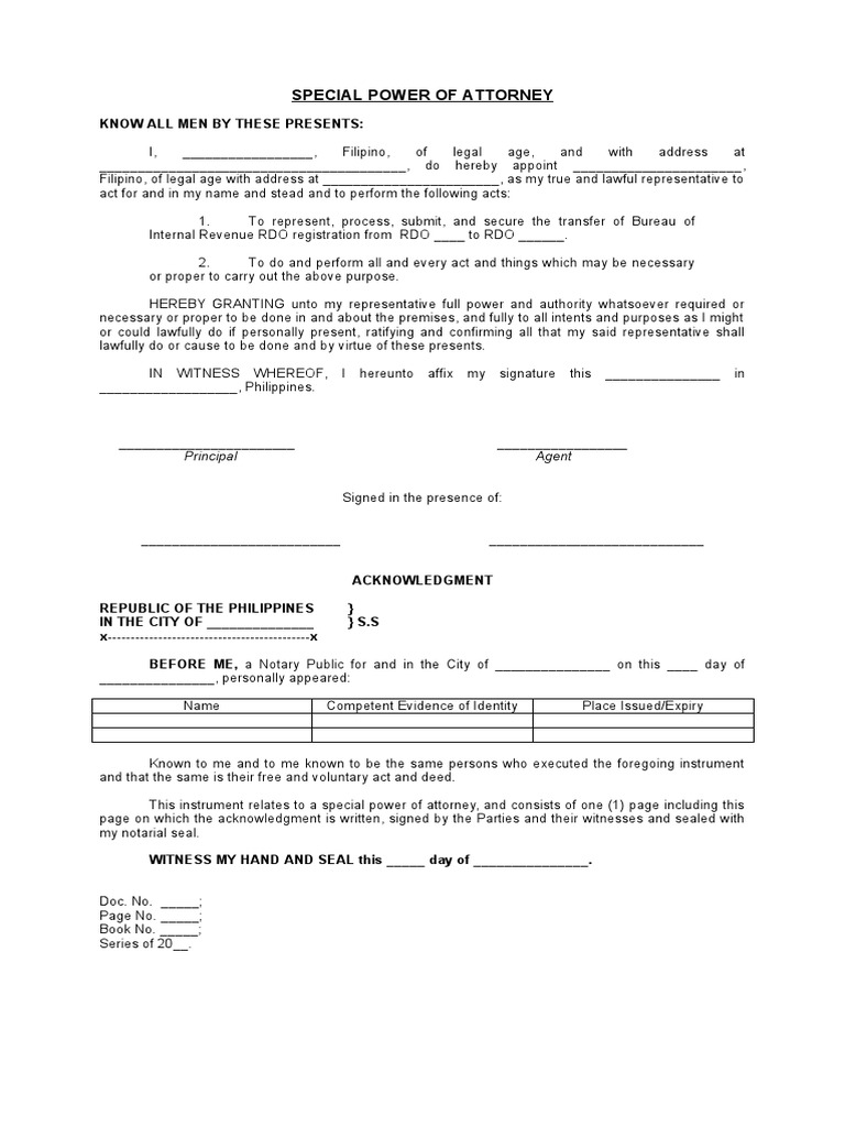 SPA BIR RDO Transfer | PDF | Power Of Attorney | Common Law