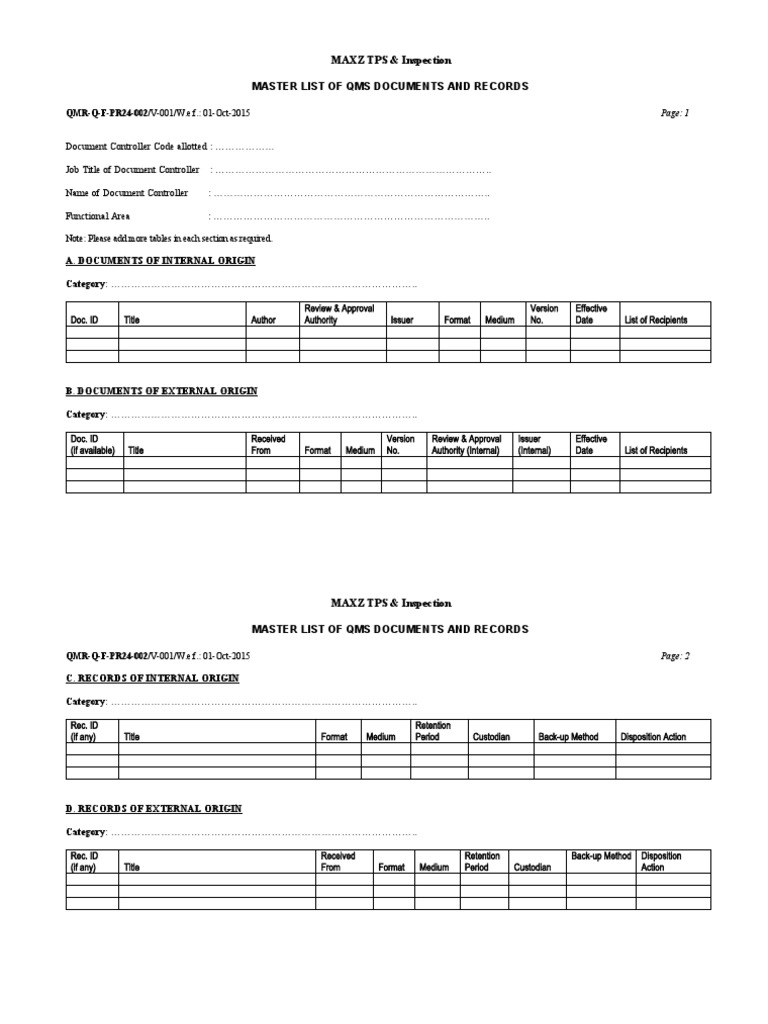 QMR-Q-F-PR24-002 Master List of QMS Documents and Records | PDF