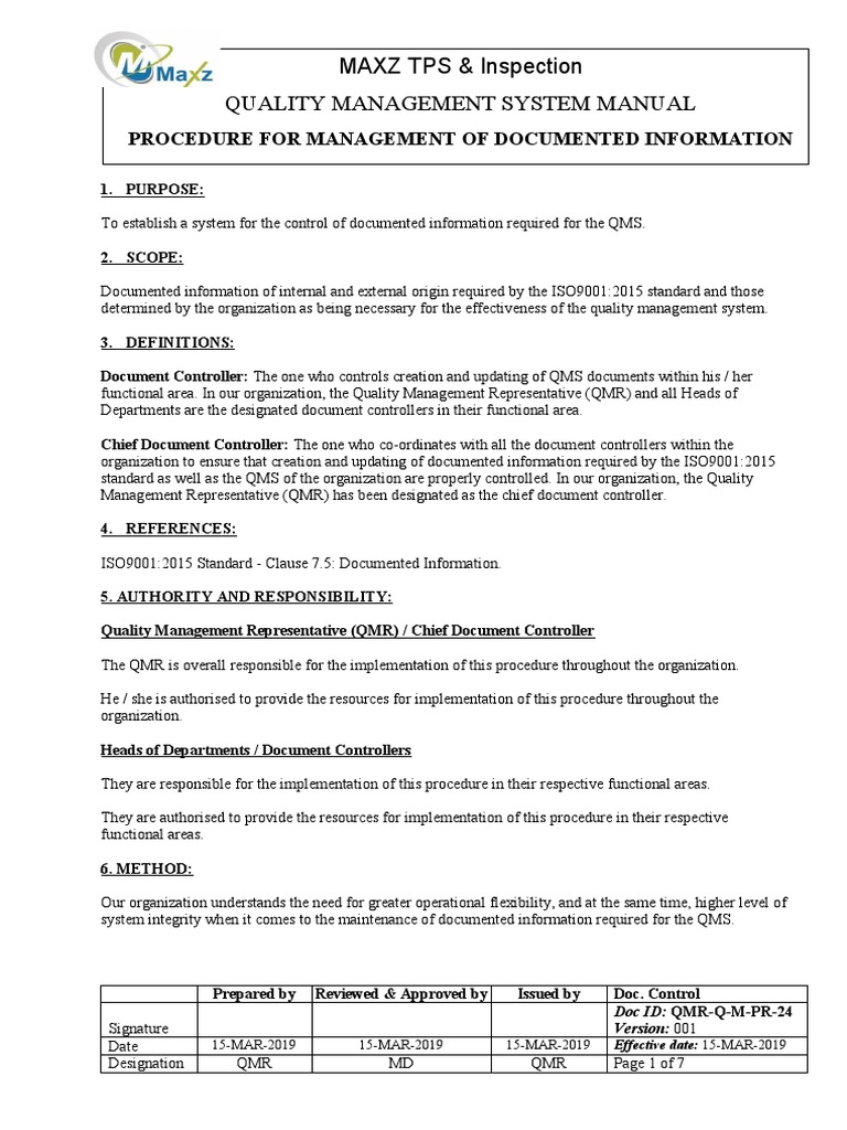 QMR-Q-M-PR-24 Procedure For Management of Documented Information | PDF ...