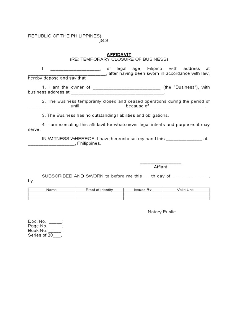 Affidavit Temporary Closure of Business | PDF