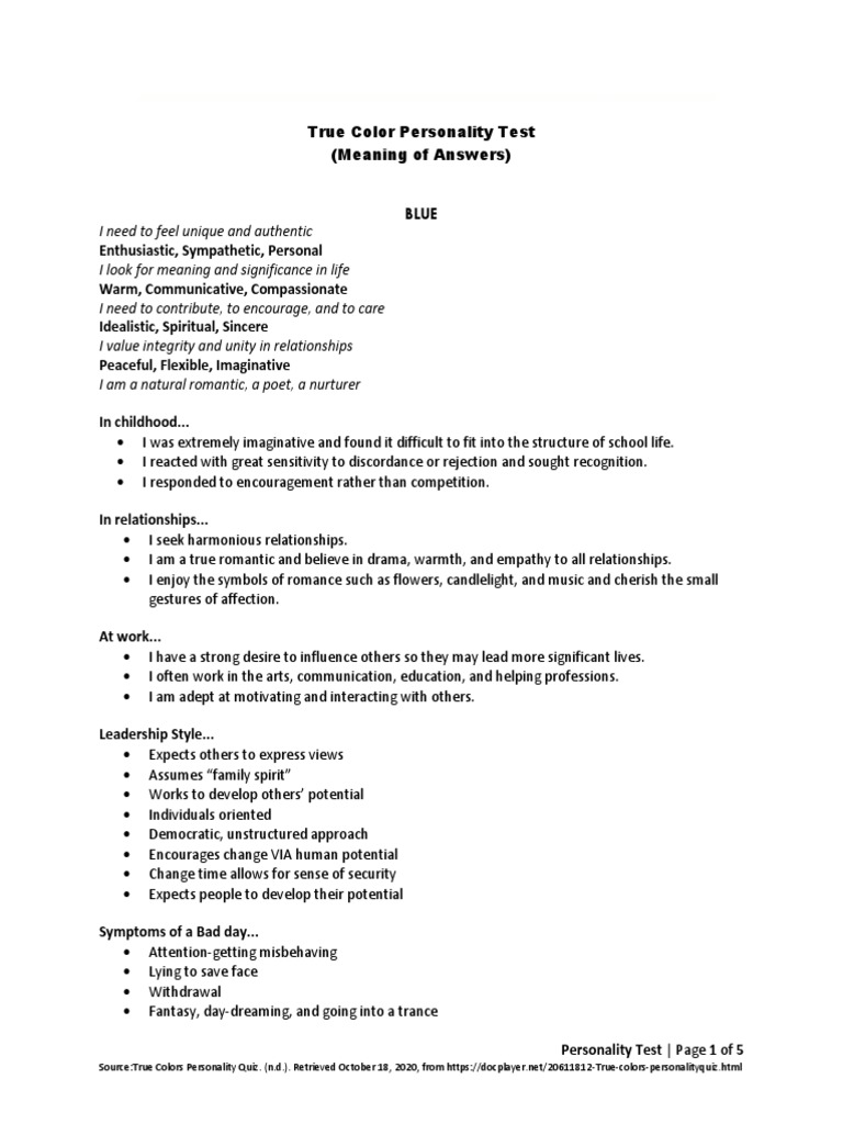 True Color Personality Test | PDF | Leadership | Feeling