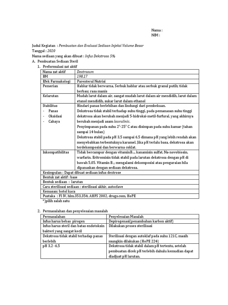 Evaluasi Sediaan Injeksi Volume Besar Dekstrosa 5% | PDF