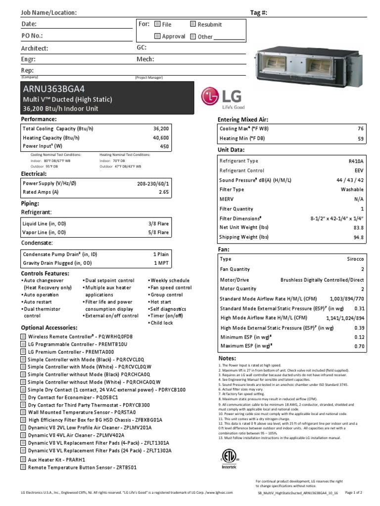 Submittal - High Static Ducted - ARNU363BGA4 | PDF | Electrical ...