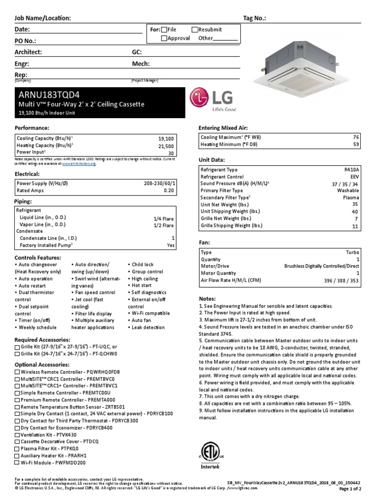 Submittal - 4way Ceiling Cassette - ARNU183TQD4 | PDF | Electrical ...