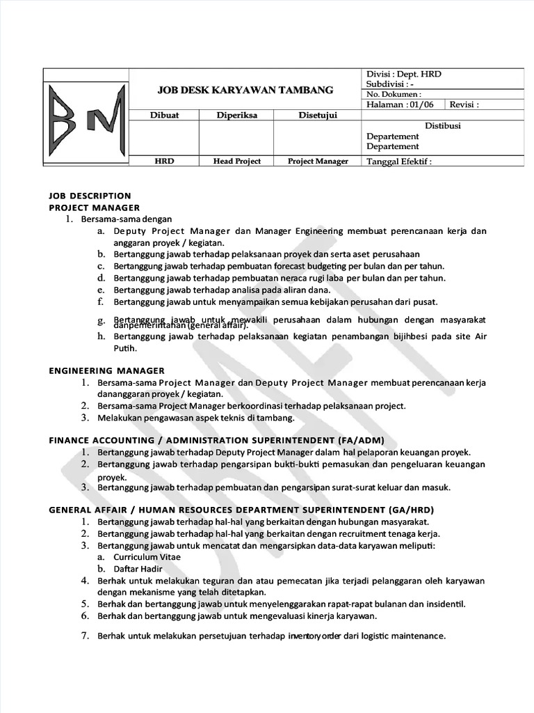 PDF Job Desk Karyawan Tambang DL | PDF