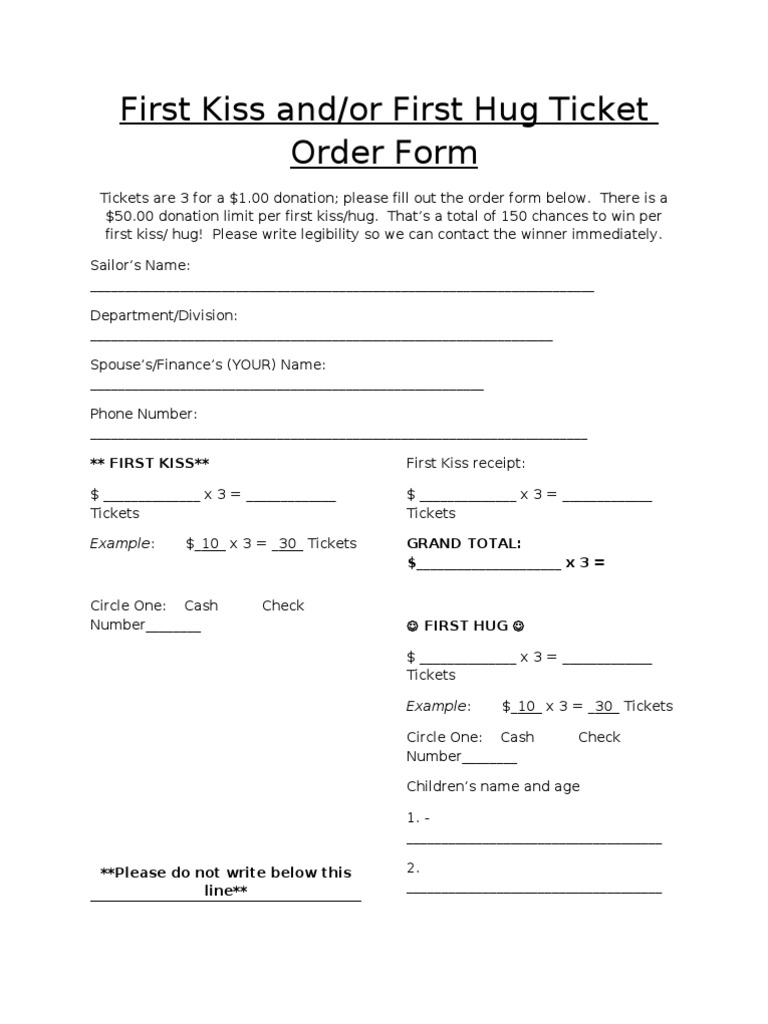 First Kiss and Hug Ticket Order Form | PDF