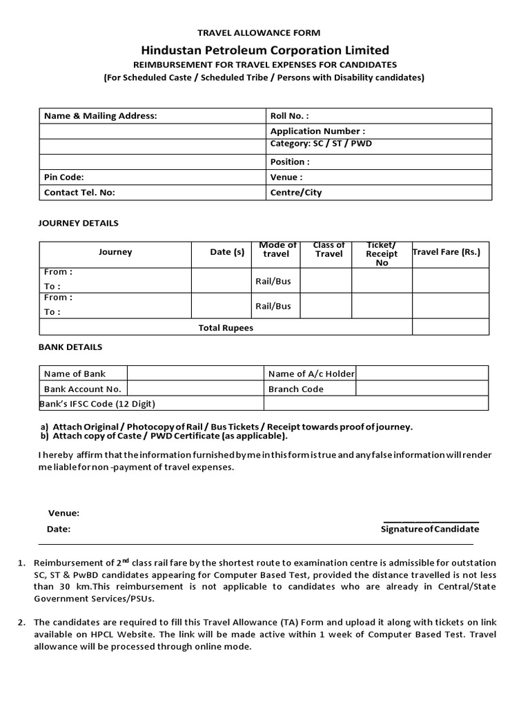 HPCL Travel Allowance Form for Candidates | PDF