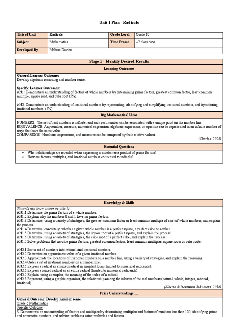 Unit 1 Plan - Radicals | PDF | Numbers | Educational Assessment