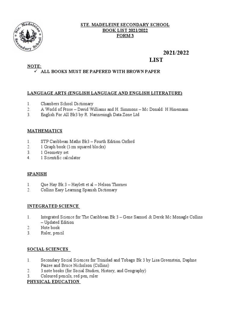 Form 3 Booklist - 2021 - 2022 | PDF