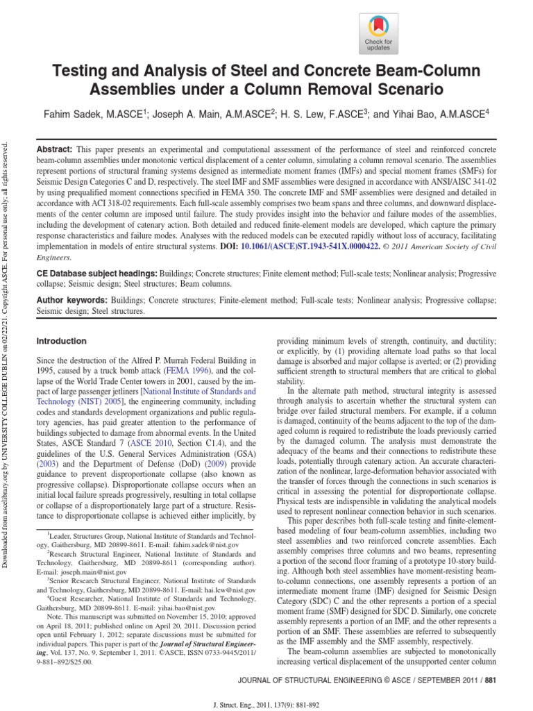 Testing and Analysis of Steel and Concrete Beam-Column Assesmblies ...