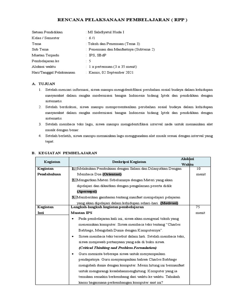 RPP Tema 3 Subtema 2 Pembelajaran 5 Luring | PDF | Karier & Perkembangan