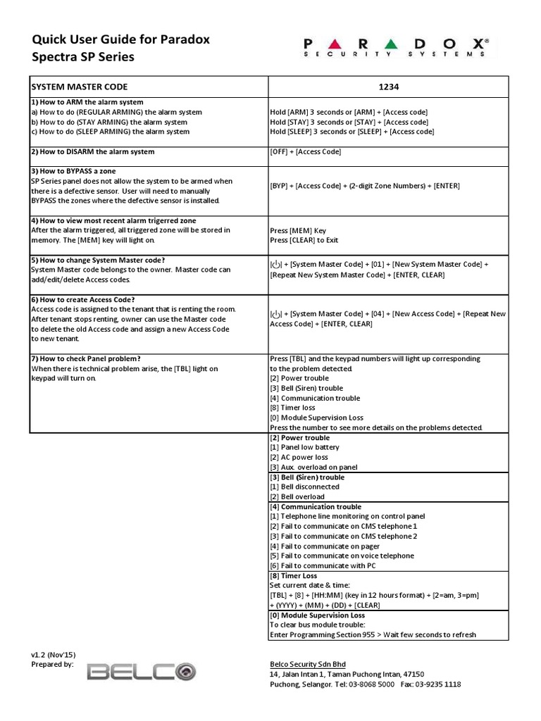 Paradox Quick Guide by BELCO | PDF | Telephone Number | Telephone