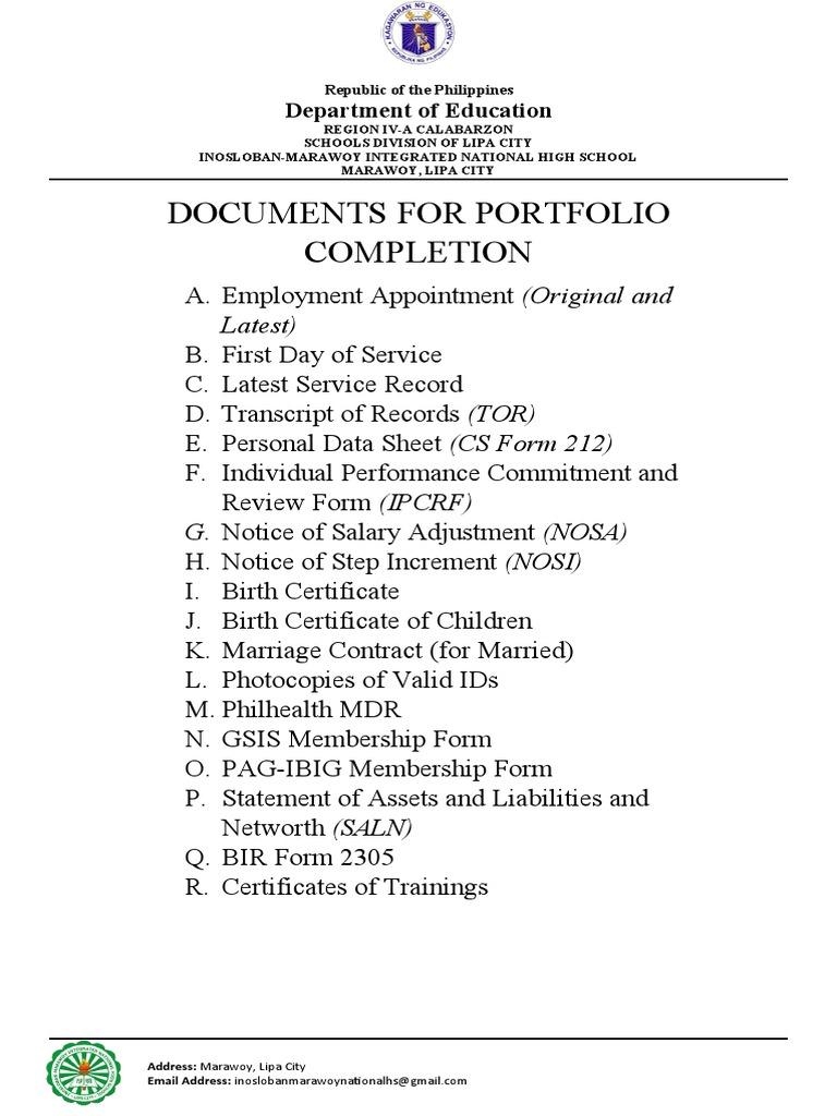 Documents For Portfolio Completion | PDF