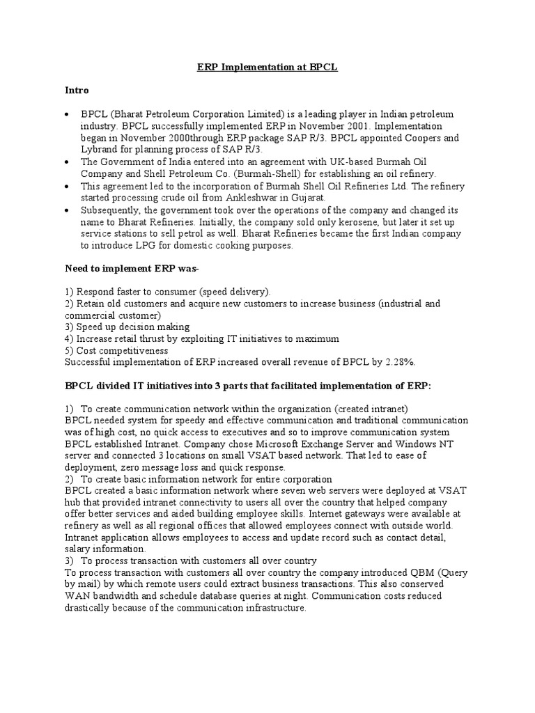 ERP Implementation at BPCL | PDF | Enterprise Resource Planning | Computing