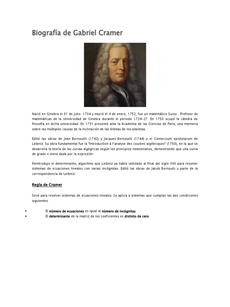 Biografía de Gabriel Cramer | PDF | Álgebra | Matemáticas