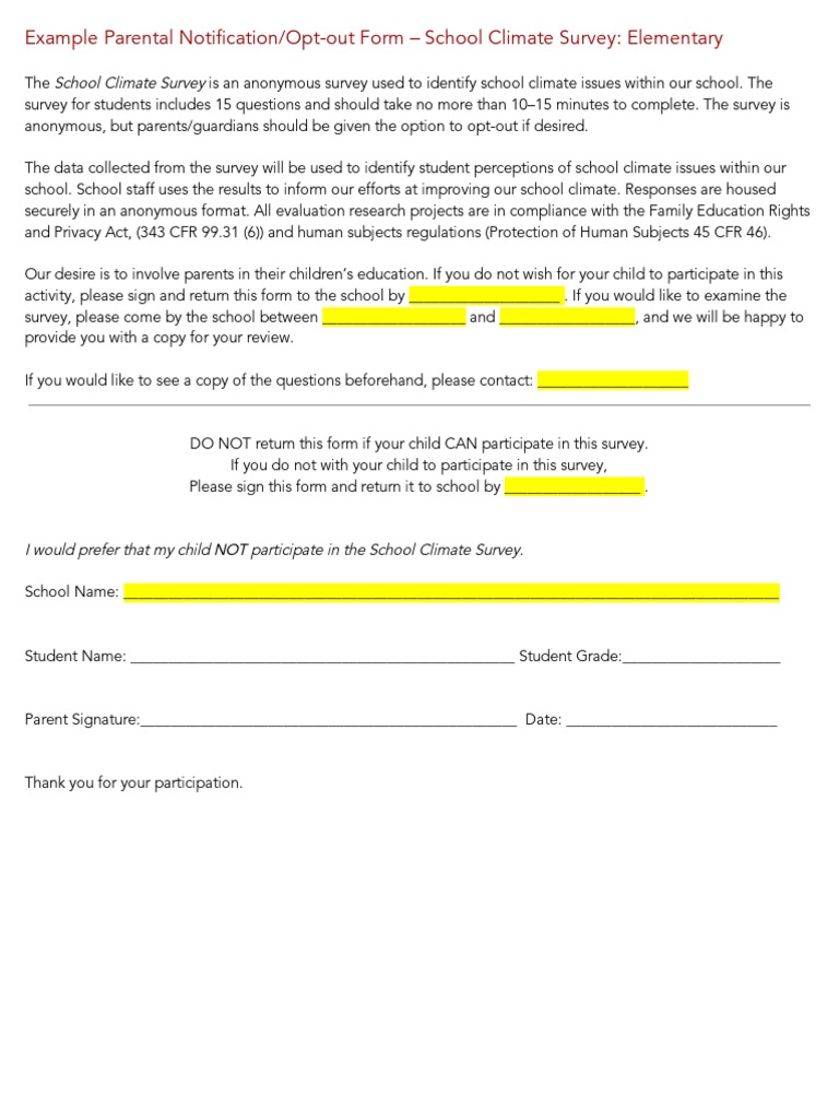Example Parental Notification/Opt-out Form - School Climate Survey ...